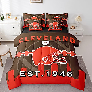 Erosebridal 7 Pcs Comforter Set Twin Size,Sports Bed in a Bag with Flat Sheet and Fitted Sheet for Kids and Adults,Football Lovers Bedding Set with Pillowcase and Sham(Cleveland)