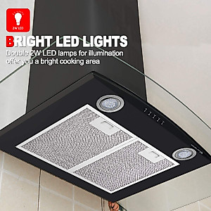 36" Range Hood, GASLAND Chef GR36BP Curved Glass Wall Mount Range Hood Black, 3 Speed 450 CFM Ducted Kitchen Hood with LED Lights, Push Button Control, Convertible Chimney, Aluminum Filter