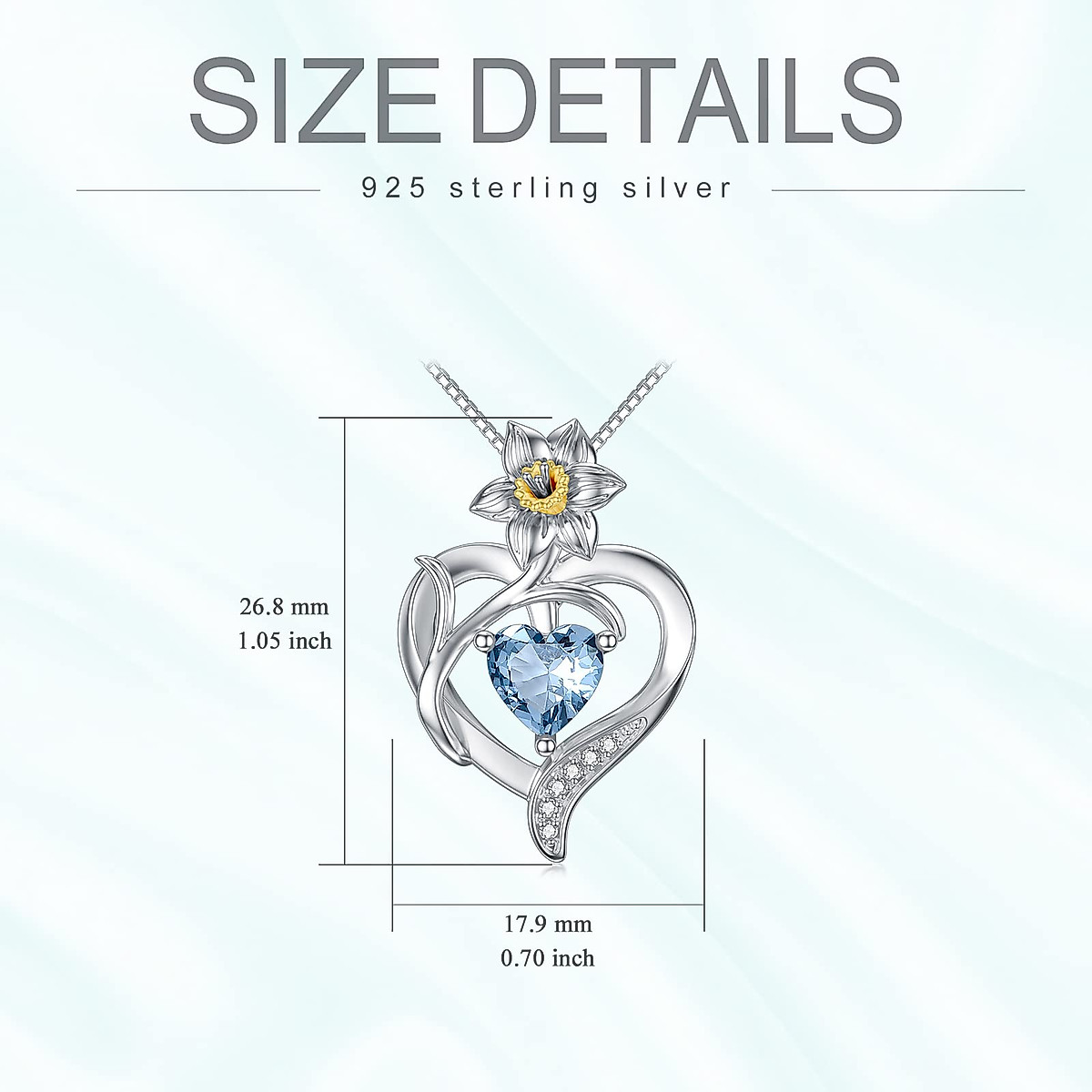 TOUPOP March Birth Flower Necklace 925 Sterling Silver Daffodils Floral Heart Pendant Necklace with March Aquamarine Birthstone Birthday Jewelry Gifts for Women