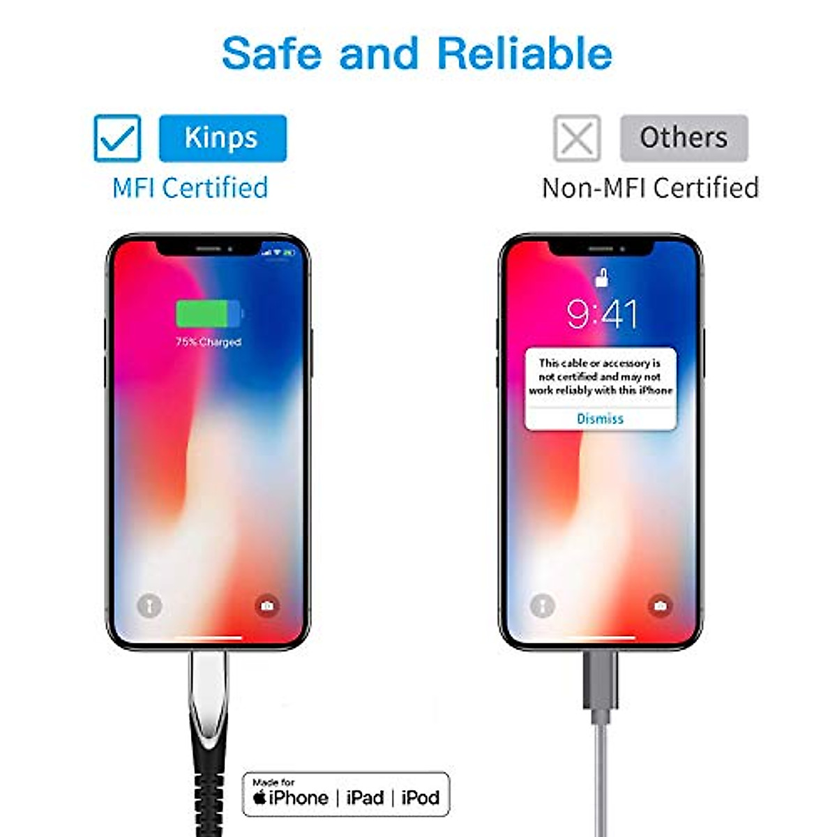 KINPS MFI Certified (10ft/3m) USB C to Lightning Fast Charging Cable Compatible with iPhone 12/11/11Pro/11 Pro Max/XS MAX/XS/XR/X, Supports Power Delivery(for Use with Type C Chargers), Black