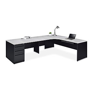 NBF L Shaped Executive Office Desk - Durable Laminate Computer Desk with Three Drawers - Modern Desk with Storage and File Cabinet - 72" Wx 96" D Work Desk for Working Home (Gray, Maple)