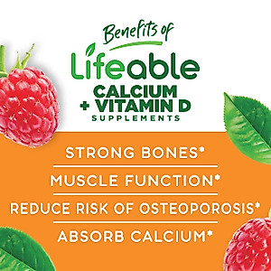 Lifeable Calcium 500 mg with Vitamin D3 1000 IU Gummies - Great Tasting Natural Flavor Vitamin Supplement - Gluten Free GMO-Free Chewable - for Bone Strength - for Adults, Man and Women - 60 Gummies