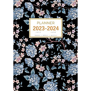 Planner July 2023-2024 June: A4 Large Notebook Organizer with Hourly Time Slots | Vintage Flower Leaf Design Black