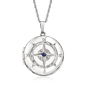 Sterling Silver Compass Locket Necklace With Sapphire Accent. 18 inches