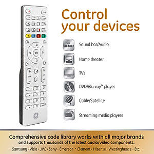 GE Backlit Buttons Universal Remote Control, Samsung TV Remote Control Replacement, Samsung Remote Control for Smart TV, Roku Remote Replacement, Vizio, LG TV, Sony, Apple TV, 4-Device, Silver, 48844
