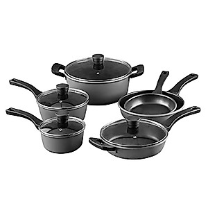 Bergner - Retro Cookware - Pots and Pans Set Nonstick - Induction Cookware - 10 Piece Pan Set - 8"/10" Fry Pans, 1.3qt Saucepan, 2.5qt Saucepan, 2.5qt Sautepan with Lids, 7qt Dutch Oven - Grey