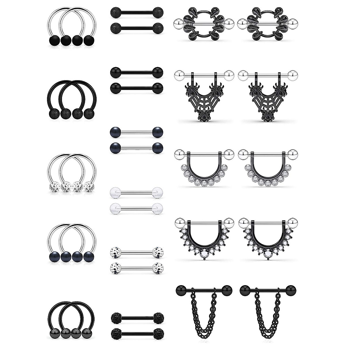SCERRING 16G Nipple Rings 316L Stainless Steel CZ Nipplerings Shield Tongue Barbell Rings Bars Body Piercing Jewelry for Women 32PCS Black
