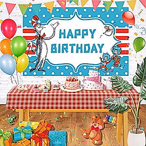 Blue Backdrop for Birthday Party Decorations Dr Seuss Background for Baby Shower Party Cake Table Decorations Supplies Cat in The Hat Theme Banner 5x3ft