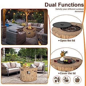 COSTWAY 40" Propane Gas Fire Pit Table, 2-in-1 Outdoor Round Fire Table W/Volcanic Rock & PVC Cover, 50,000 BTU Heat Output, Wood-Like Surface for Backyard, Poolside