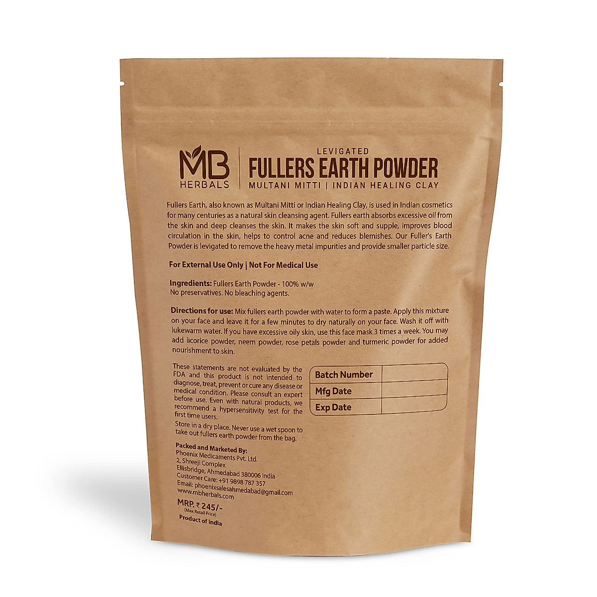 MB Herbals Fullers Earth Powder 8 oz | 0.5 lb | Fuller's Earth Powder | Multani Mud Mitti | Indian Healing Clay | Bentonite Clay | 100% Pure No Added Fragrance | Natural Face Pack