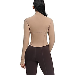 AVGO Women's Cropped Running Workout Jackets Zip Slim Fit Athletic Tops with Thumb Holes(Cream Coffee, S)