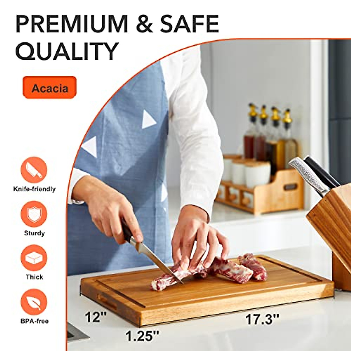 Befano Acacia Wood Cutting Board with Compartments 17"x 12"x 1.25", Extra Thick Reversible Butcher Block Cutting Board with Juice Grooves, Charcuterie Board for Meat, Cheese and Vegetables