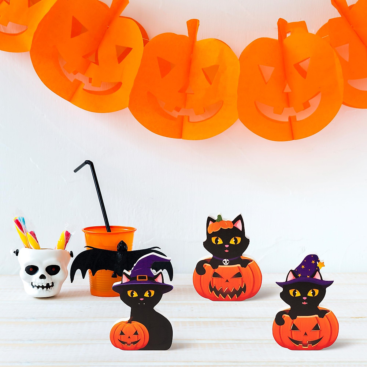 JAPBOR 3Pcs Halloween Wooden Centerpieces Table Decorations, Witch Hat Black Cat Pumpkin Tiered Tray Set Desk Decor, Happy Fall Halloween Party Themed Sign Wood Block Tabletop Décor for Home Kitchen