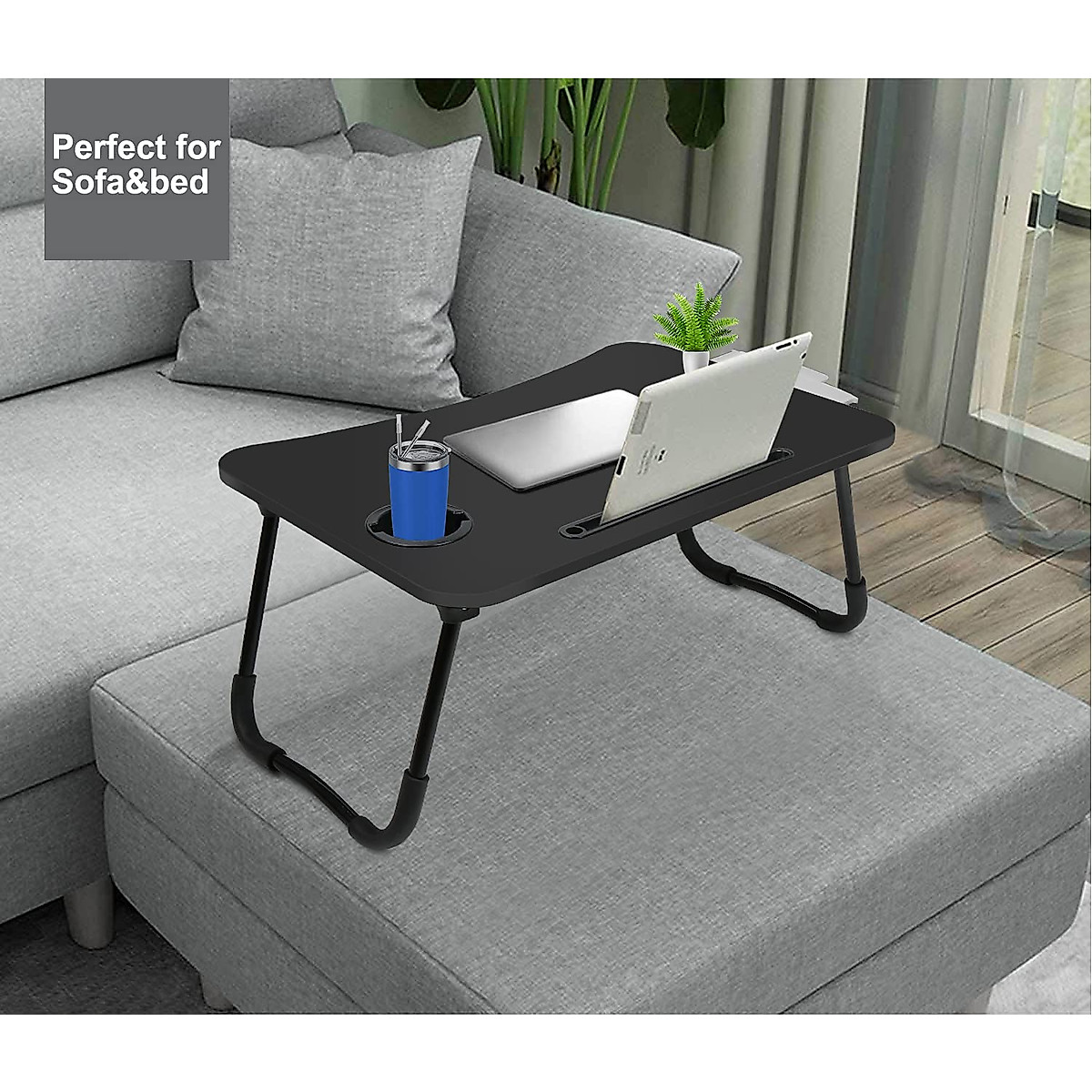 Fayquaze Laptop Bed Table, Portable Foldable Laptop Bed Desk with Storage Drawer and Cup Holder, Lap Desk Laptop Stand Tray Table Floor Table Serving Tray for Eating, Reading and Working