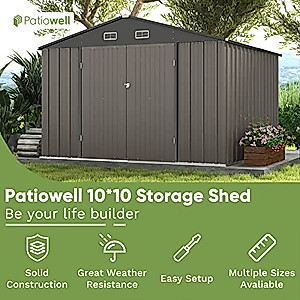 Patiowell 10 x 10 FT Outdoor Storage Shed,Metal Yard Shed with Design of Lockable Doors, Utility and Tool Storage for Garden, Patio, Backyard, Outside use,Brown