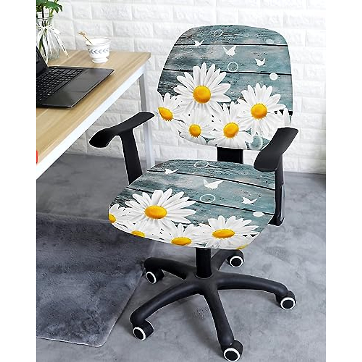 Big buy store Office Chair Cover Summer Daisy Floral Butterfly Protective Stretchable Universal Computer Chair Covers Retro Wooden Board Stretch Rotating Chair Slipcover
