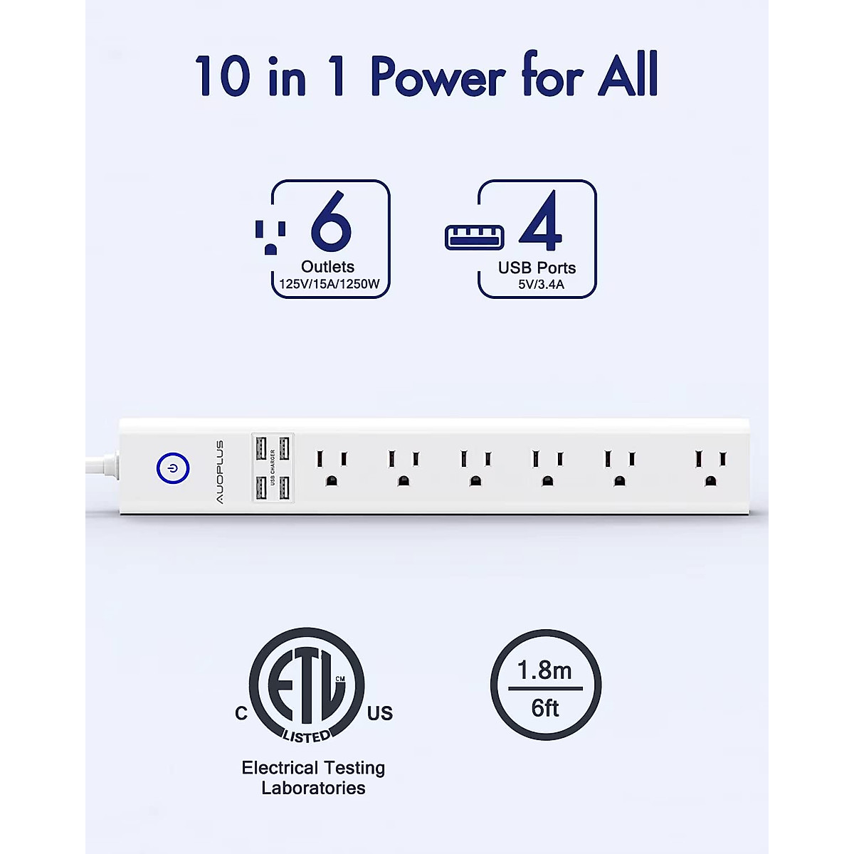 2 Pack Power Strip Surge Protector Flat Plug - 6 Widely Spaced Outlets 4 USB Charging Ports, 2100J/10A with 6Ft Long Extension Cord, Overload Surge Protection, Wall Mount for Home Office