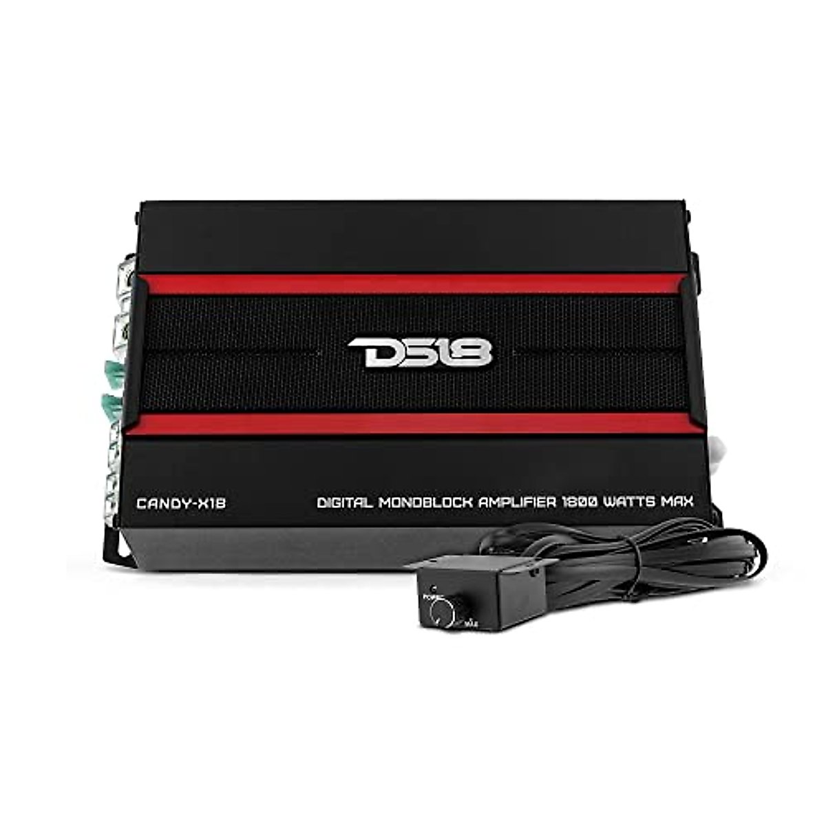 DS18 CANDY-X1B Amplifier in Black - Class D, Monoblock, 1800 Watts Max, Digital, 1/2/4 Ohm, with Remote Subwoofer Level Controller - Compact Amplifier for Speakers in Car Audio System