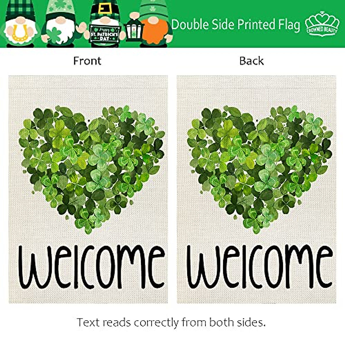 CROWNED BEAUTY St Patricks Day Garden Flag 12x18 Inch Double Sided for Outside Small Burlap Green Shamrocks Clovers Heart Welcome Yard Holiday Decoration CF735-12
