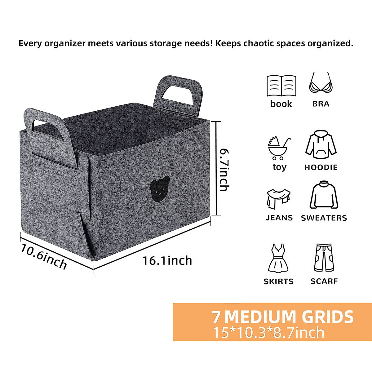 BDZBREN Large Clothing Storage Organizer for Closet 4 Pack - 16x10.5in Felt Fabric Closet Storage Baskets for Shelves, 6.5in High Rectangle Storage Baskets