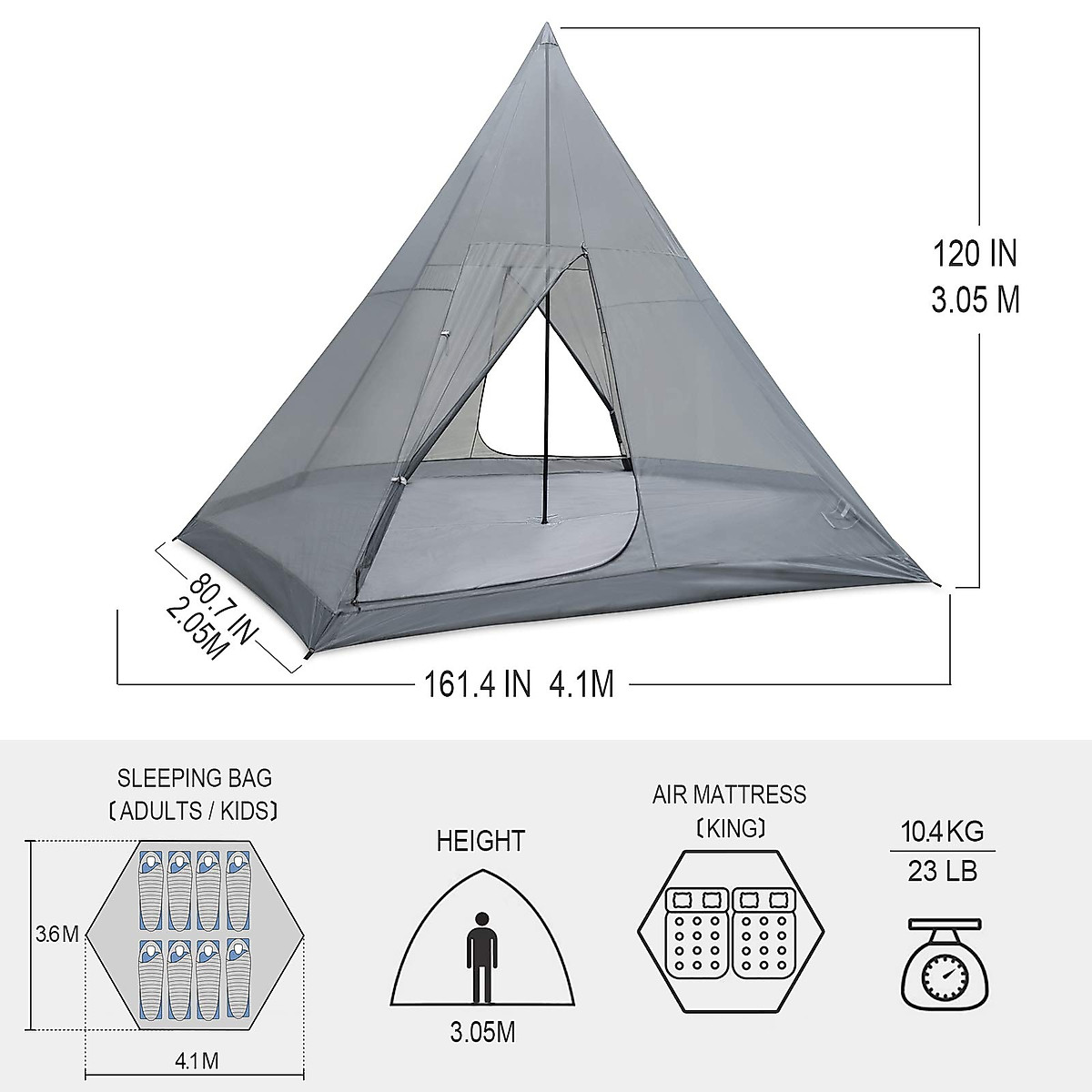 KAZOO Family Camping Tent Large Waterproof Tipi Tents 8 Person Room Teepee Tent Instant Setup Double Layer (Off-White)