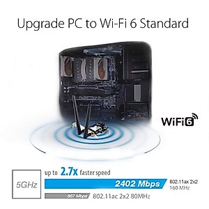 ASUS PCE-AX3000 WiFi 6 (802.11ax) Adapter with 2 External Antennas. Supporting 160MHz for Total Data Rate up to 3000Mbps, Bluetooth 5.0, WPA3 Network Security, OFDMA and MU-MIMO