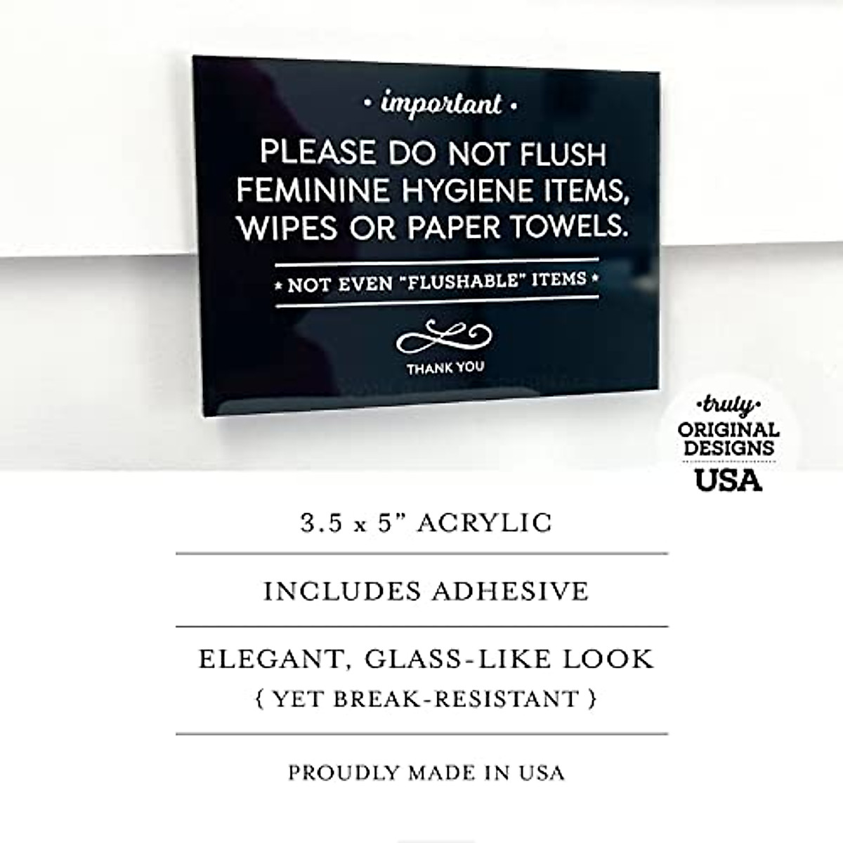 3.5x5 Inch Designer Bathroom Sign, Do Not Flush Feminine Hygiene Items, Wipes, Paper Towels ~ Ready to Stick ~ Premium Finish, Durable