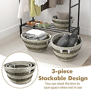 Giantex Woven Laundry Basket 24"/20"/16"- Set of 3 Stackable Storage Baskets with Handles, Large Oval Kans Grass Woven Baskets Laundry Hamper for Throw Blanket Clothes Living Room Bedroom