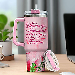 Tumbler 40 Oz With Handle Lid And Straw, Flamingo Tropical, Adults Tumblers Modern Red Quartz Simple Stainless Camelia Primrose Rose Women Funny Glitter Steel, Flamingo Gifts