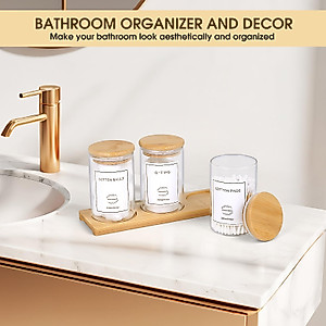3 Pack Glass Qtip Holder for Bathroom with Bamboo Lids and Tray, 12oz Bathroom Organizers and Storage Accessories Home Decor, Apothecary Jars Qtip Dispenser for Cotton Swab, Cotton Ball and Floss