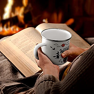 Skyley 4 Pcs Halloween Coffee Cups Fall Novelty Mugs Enamel Campfire 12oz Witch's Brew Trick or Treat Outdoor Camping Mug Cup Gifts for Friends Kitchen Decor Happy Halloween, White