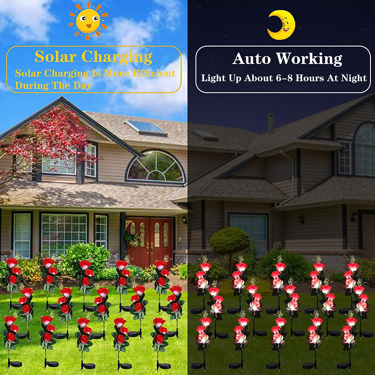 IRmm Outdoor Solar Garden Flower Lights, 2 Pack LED Solar Powered Flowers Lights with 6 Roses, Waterproof Solar Garden Stake Lights for Garden, Patio, Yard, Pathway Decoration (Red+Yellow)