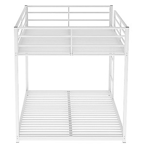 BOVZA Full Over Full Metal Bunk Bed, Low Bunk Bed with Built-in Ladder for Kids Teens Girls Boys, White