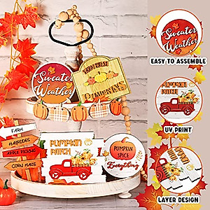 Thanksgiving Tiered Tray Decor Set Fall Tiered Tray Centerpiece Wooden Tabletop Signs Pumpkin Truck Spice Blocks Directional Sign Rustic Farmhouse Autumn Harvest Decorations (Pumpkin Style, 10 Pcs)