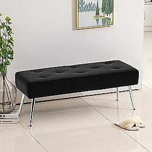 Furnimart Faux Leather Bench Ottoman, Tufted Button Bedroom Benches Footrest in Solid Metal Legs, Long and Dining Bench, Indoor Bench for Entryway Living Room Bedroom (Leather-Black)