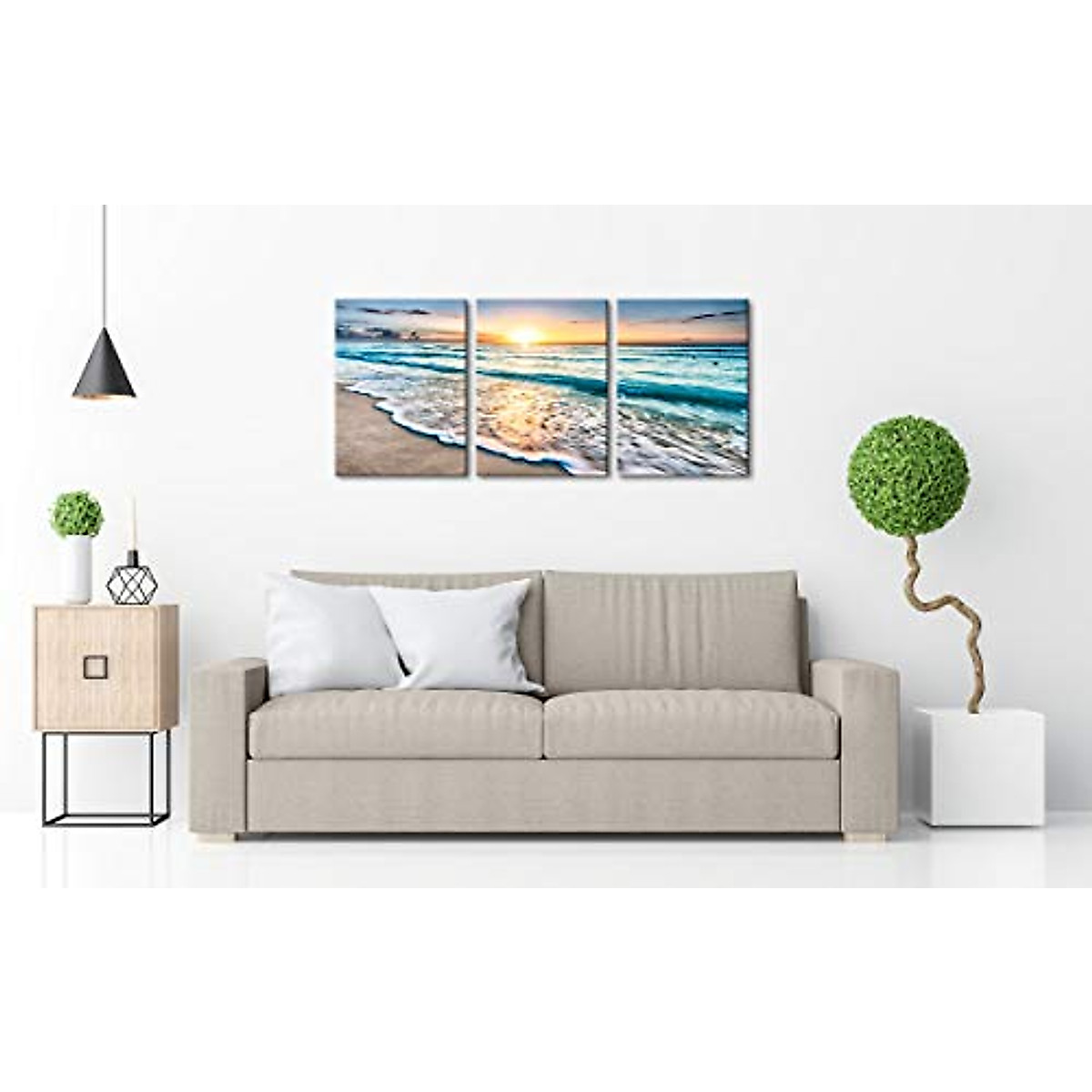 Wieco Art 3 Panel Blue Beach Canvas Wall Art for Home Decor Sunset White Wave Beach Pictures on Canvas Sea View Canvas Prints Artwork for Wall Decor Living Room Decorations