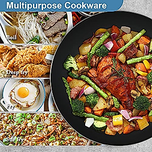 Hyoank Wok Pan, 12.5'' Flat Bottom Iron Woks, Woks and Stir Fry Pans with Lid, Carbon Steel Wok Suits for all Stoves