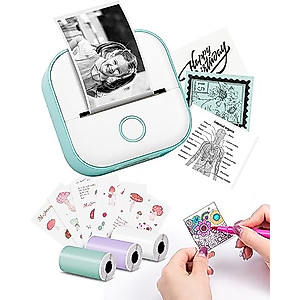 Memoking Label Makers - T02 Mini Portable Small Printer with 3 Rolls Paper, Sticker Printer Machine, Study Printer for Pictures, Photos, Journals, DIY, Compatible with Phone & Tablet, Green