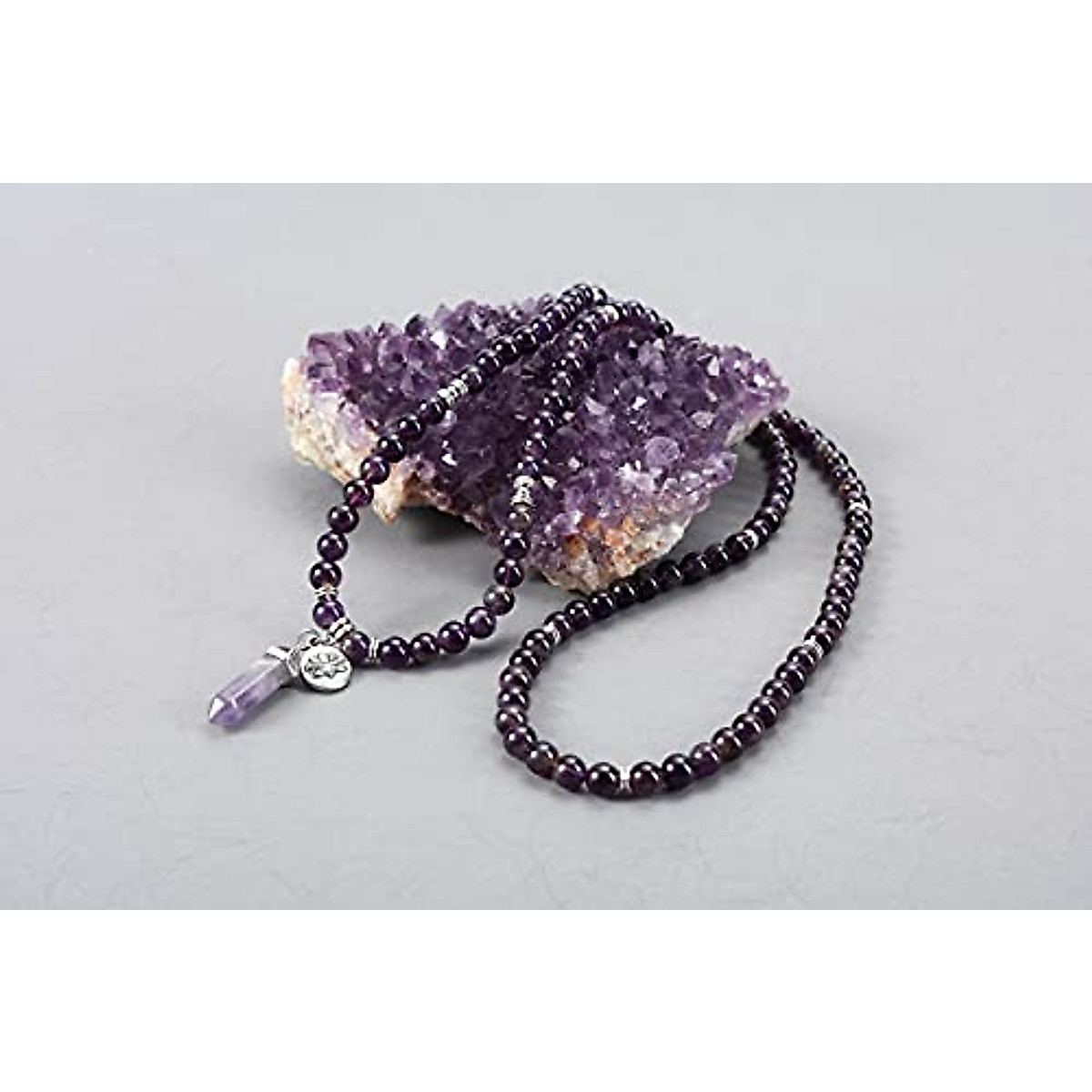 Jovivi 108 Mala Beads Bracelet 8mm Natural Amethyst Healing Crystal Stone Mala Prayer Bead Necklace Hexagonal Prism Gemstone Reiki Pointed Pendant for Yoga Meditation Energy Balancing