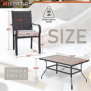 MIXPATIO Outdoor Patio Dining Set 7 Pcs, Patio Dining Table Chair Set, 6 Rattan Chairs with Cushions and 1 Dining Table with Umbrella Hole, for Lawn, Garden, Yards, Poolside