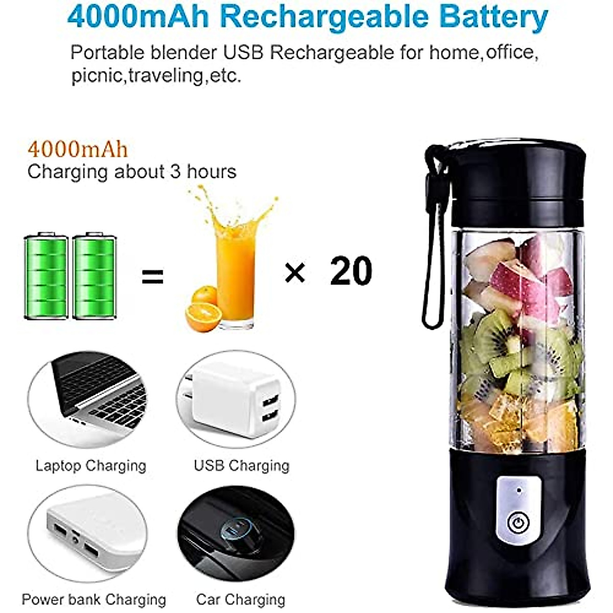 Portable Blender, Toycol Personal Size Blender for Shakes and Smoothies with 6 Ultra Sharp Blades,13.5Oz Mini Blender USB Rechargeable for Travel/Picnic/Office/Gym/Father's Day gift