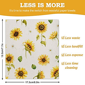 Whaline Sunflower Swedish Kitchen Dishcloth Watercolor Spring Summer Flower Cotton Kitchen Towel Floral Absorbent Dishcloth for Party Home Housewarming Cleaning Counter Wipes, 7 x 8 Inch, 4Pcs