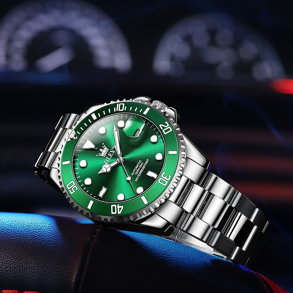 OLEVS Men Automatic Watches Green Watches for Men Self Winding No Battery Waterproof Mens Watches Pro Divers Two Tone Men's Wrist Watches, Reloj para Hombre