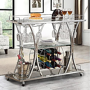 RARZOE Bar Serving Cart with Glass Holder&Wine Rack, Mobile Kitchen Serving Cart Wine Cart, 3-Tier Kitchen Trolley with Tempered Glass Shelves&Sliver-Finished Metal Frame for Home Dining Room(Silver)