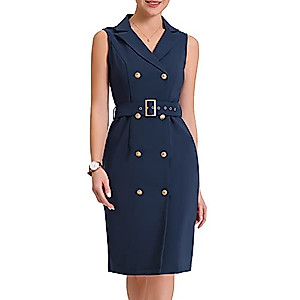 Allegra K Women's Sleeveless Notched Lapel Double Breasted Belted Work Office Blazer Dress X-Large Navy Blue