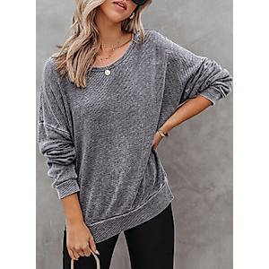 Dokotoo Women's Oversized Sweatshirt for Women Loose Fit Waffle Knit Casual Round Neck Womens Sweatshirts No Hood Long Sleeve Solid Color Shirt Lightweight Soft Tunic Tops Trendy Grey X-Large
