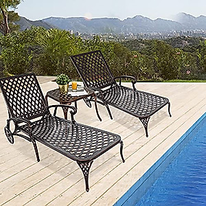 HOMEFUN Chaise Lounge Outdoor, Cast Aluminum Lounge Chairs Set of 2 for Outside Pool Lounge Tanning Chairs with Adjustable Backrest and Moveable Wheels End Table Included, Bronze