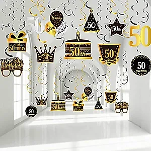 30 Pieces 50th Birthday Party Hanging Swirl Decorations, Black Golden Silver Happy 50th Party Cake Glasses Balloons Sign Foil Swirls Ceiling Decorations for Men and Women 50 Years Old
