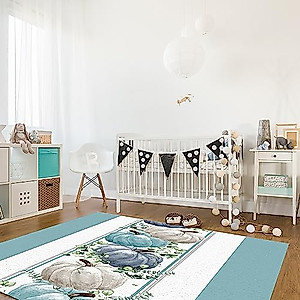 OComster Fall Thanksgiving Rectangle Shape Large Area Rugs - 2 x 3 Feet Blue Grey Pumpkin Eucalyptus Leaves Teal Striped - (Non-Woven + Rubber) Low File Floor Mat