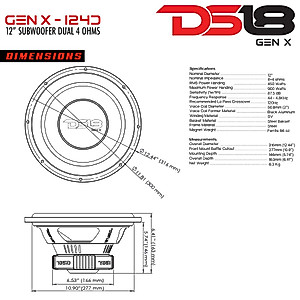 DS18 GEN-X124D Subwoofer in Black - 4 Layer Black Aluminum Voice Coil, 12", 900W Max Power, 450W RMS, Dual 4 Ohms - Powerful Car Audio Bass Speaker (1 Speaker)